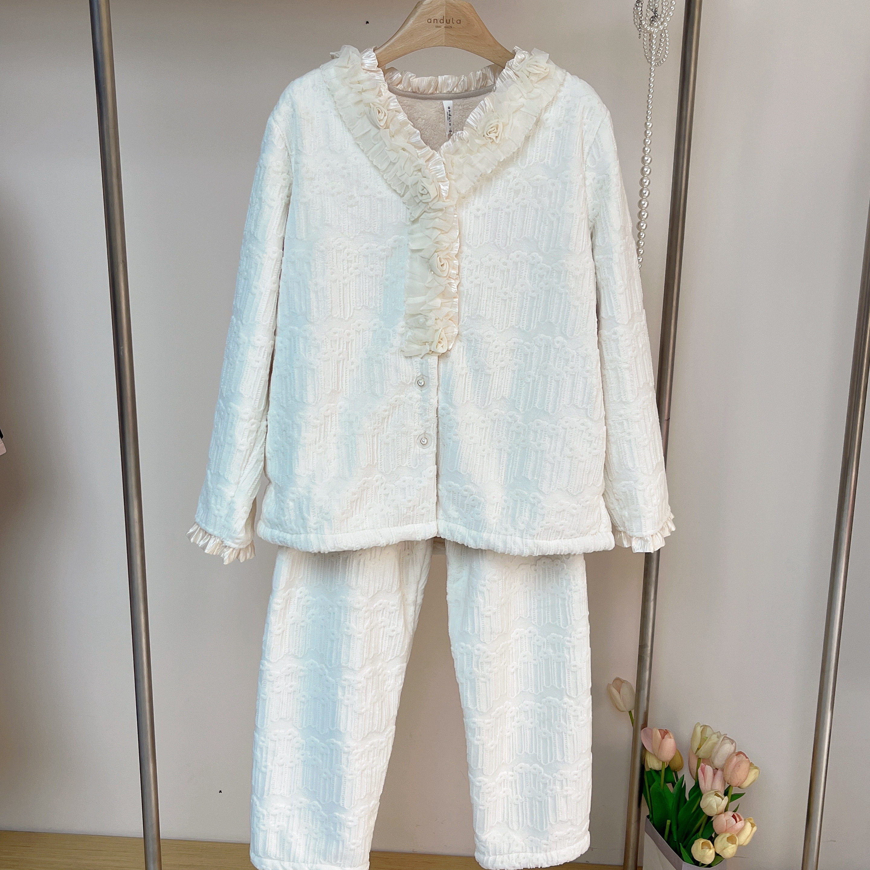 安杜拉 女士提花复合绒加绒加厚保暖柔软时尚家居服睡衣套装55705
