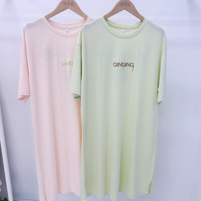 清仓特价亲情夏季女士短袖条纹精梳棉柔软休闲圆领套头家居服睡裙