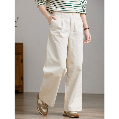 谷家 原创文艺水洗棉休闲长裤 高腰显瘦通勤小直筒阔腿米白裤子女