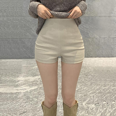 杏色高腰短裤女春夏弹力辣妹热裤