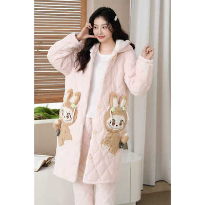 冬三层夹棉长袍女高品质绣花加绒长款特厚连帽睡衣可爱家居服套装