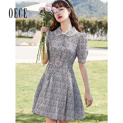 Oece复古小碎花连衣裙夏季新款女法式泡泡收腰气质裙子