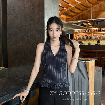 ZY GODDESS-26年夏上新韩版气质时尚条纹翻领修身显瘦马甲背心