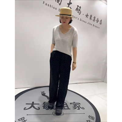3145芮娜依莲夏季新款加肥加大码女装立体剪裁松紧腰醋酸烫钻裤子