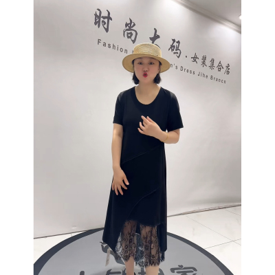 31058女权贵族2026夏新款加肥大码女装立体剪裁蕾丝拼接连衣裙子