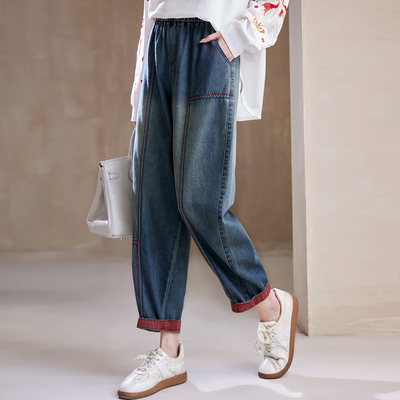 宝诗黎松紧腰做旧哈伦牛仔裤