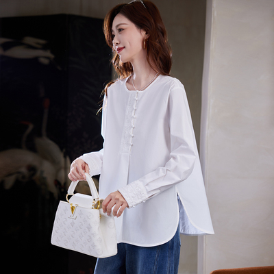 宝诗黎圆领钉珠拼接棉质衬衫