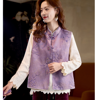 宝诗黎圆领钉珠刺绣马甲外套