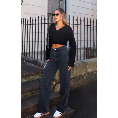 高腰阔腿牛仔裤黑色酸橙