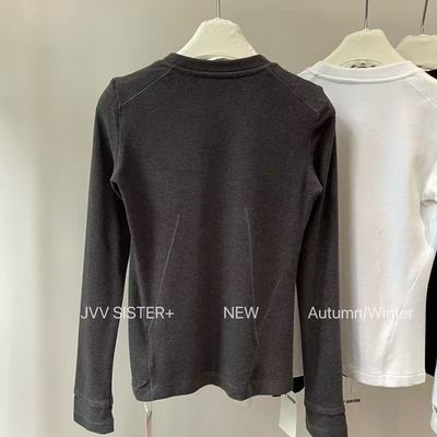 JVV SISTER小众修身设计感剪裁袖口长袖T恤衫女冬显瘦打底衫上衣