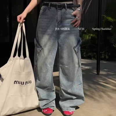 JVV SISTER美式复古口袋阔腿水洗牛仔裤女春季宽松直筒工装裤潮