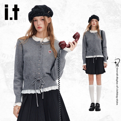 it:CHOCOOLATE撞色荷叶边针织毛衫女秋新款收腰显瘦圆领开衫外套