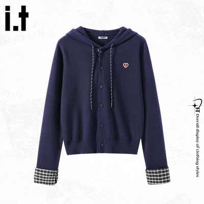 it:CHOCOOLATE连帽针织开衫女秋季新款韩系格纹拼接毛衫休闲外套