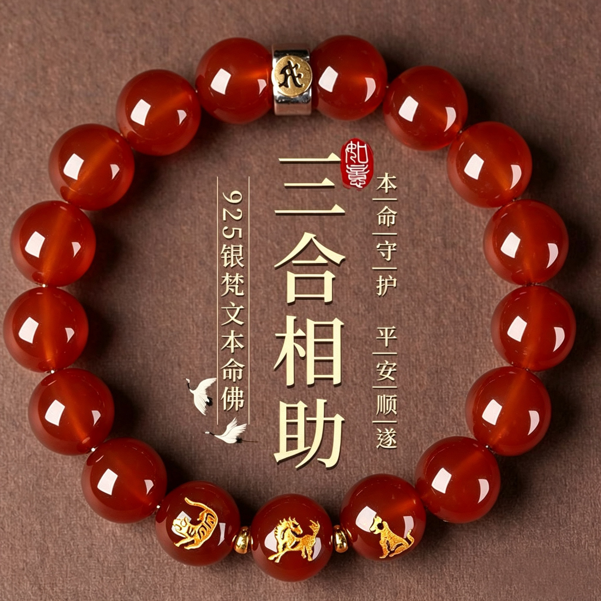 正品天然红玛瑙三合手串女十二生肖手链本命佛守护神佛珠手链男士