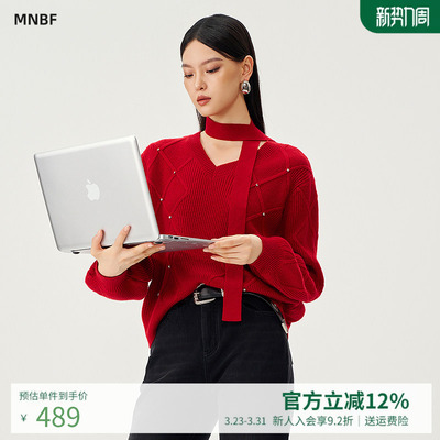 新年红v领套头毛衣针织衫上衣女