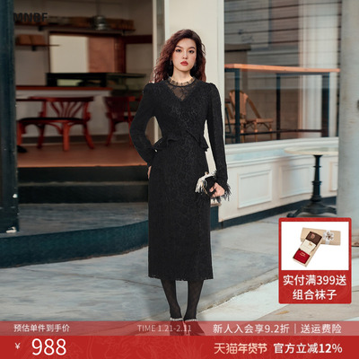 曼诺比菲商场同款2025冬季优雅气质蕾丝收腰直筒连衣裙SGEL142046