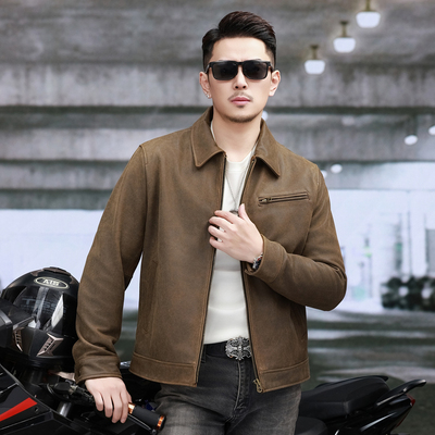 新款男士真皮皮衣棕色牛皮机车服