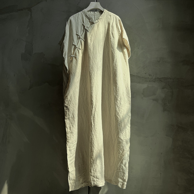 沉香布衣草堂 盘扣旗袍连衣裙长衣亚麻自制新中式无袖袍C25u03036