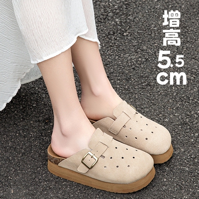 磨砂真皮博肯鞋厚底洞洞包头半拖