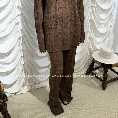 棕色镂空格纹直筒针织长裤