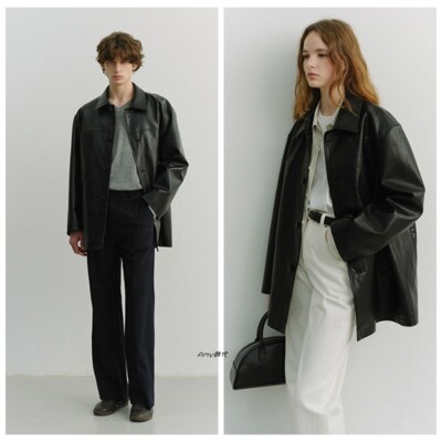 Amy韩国代购26春款DUNST UNISEX ALTER-LEATHER HALF皮革夹克外套