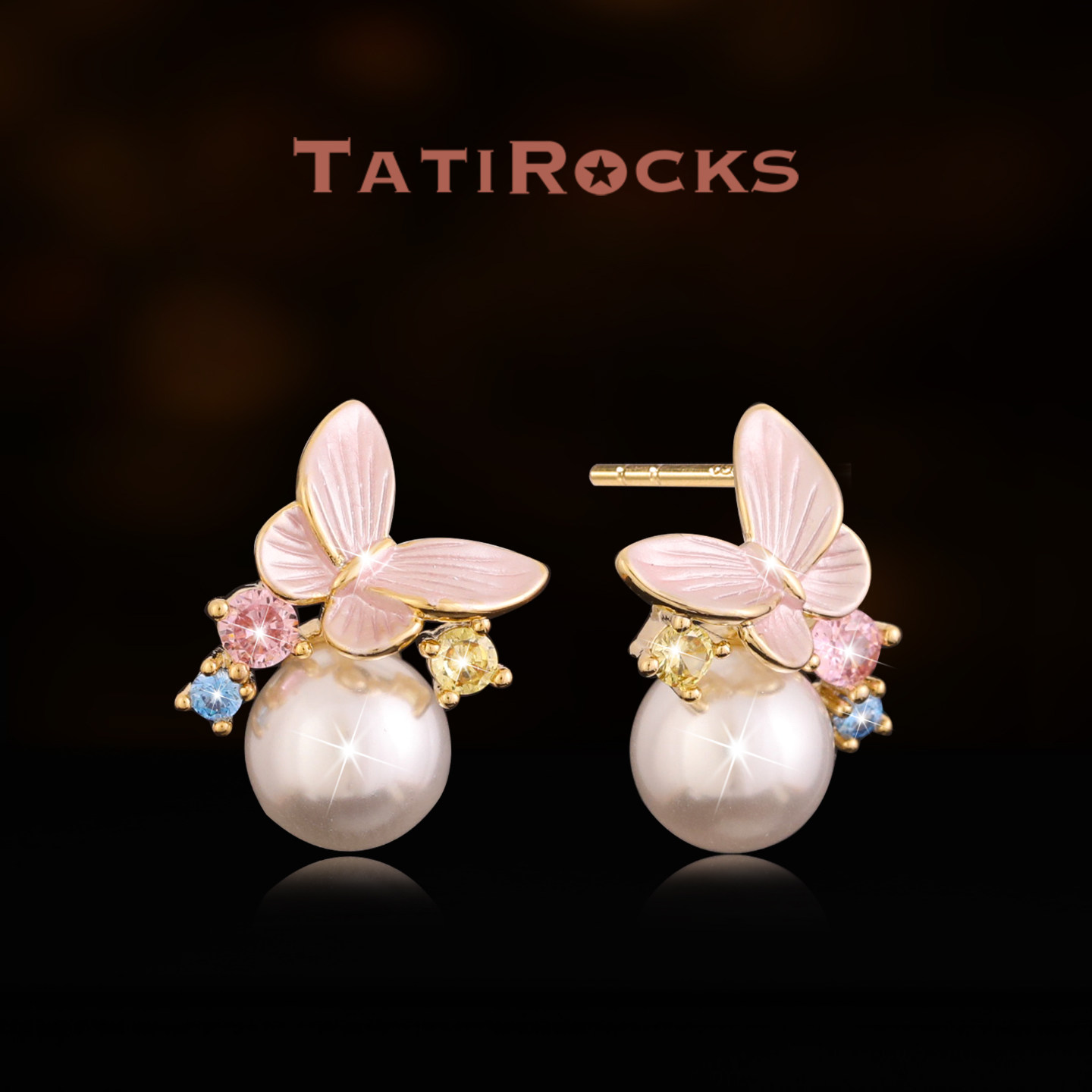 丹麦【设计师】Tatirocks粉蝴蝶珍珠耳钉高级感轻奢珍玩摆件耳环
