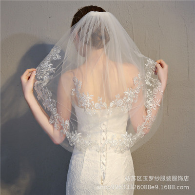 欧美优雅蕾丝花边长款头纱结婚