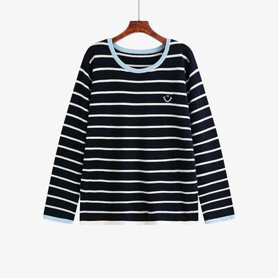 大码女装撞色条纹衫女圆领长袖上