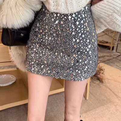 辣妹短裙高腰显瘦厚板亮片设计感