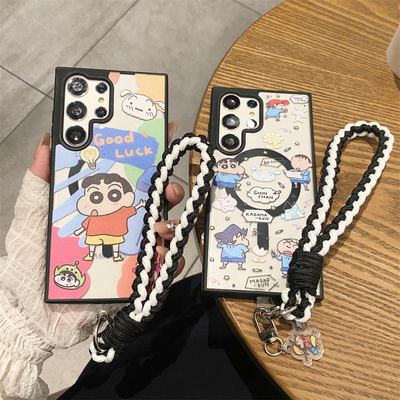 ins韩国卡通可爱涂鸦蜡笔小新适用三星GalaxyS25Ultra手机壳s24plus磁吸支架S23ultra手链s22+防摔保护套女款