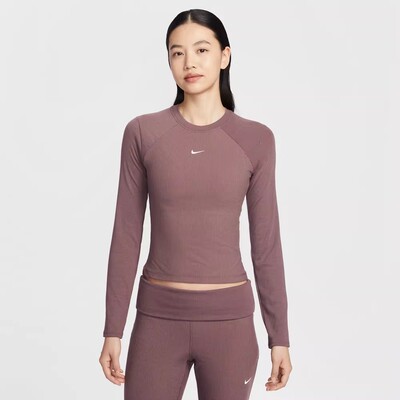 NIKE/耐克女紧身长袖罗纹上衣26春刺绣小勾修身针织衫IF0237-502