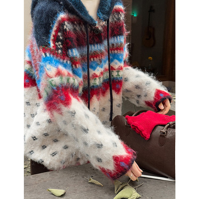 橘芷费尔岛圣诞氛围感复古编织提花系带连帽毛绒感开衫毛衣女5043