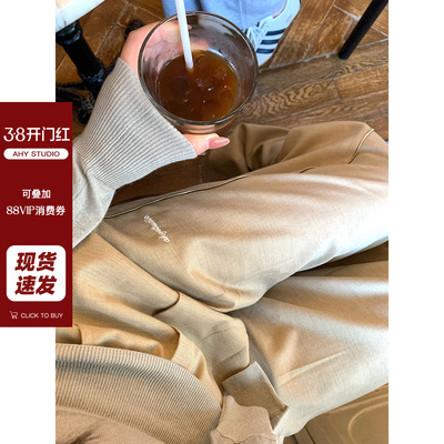 【AHY】松紧腰垂坠感卡其色长裤