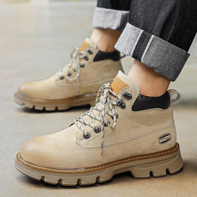 工装鞋男鞋真皮高帮鞋厚底头层猪巴戈休闲鞋系带潮流马丁靴大黄靴