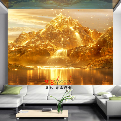 FJ6688背靠金山办公室挂画聚宝盆山水客厅元宝沙发背景墙财壁画