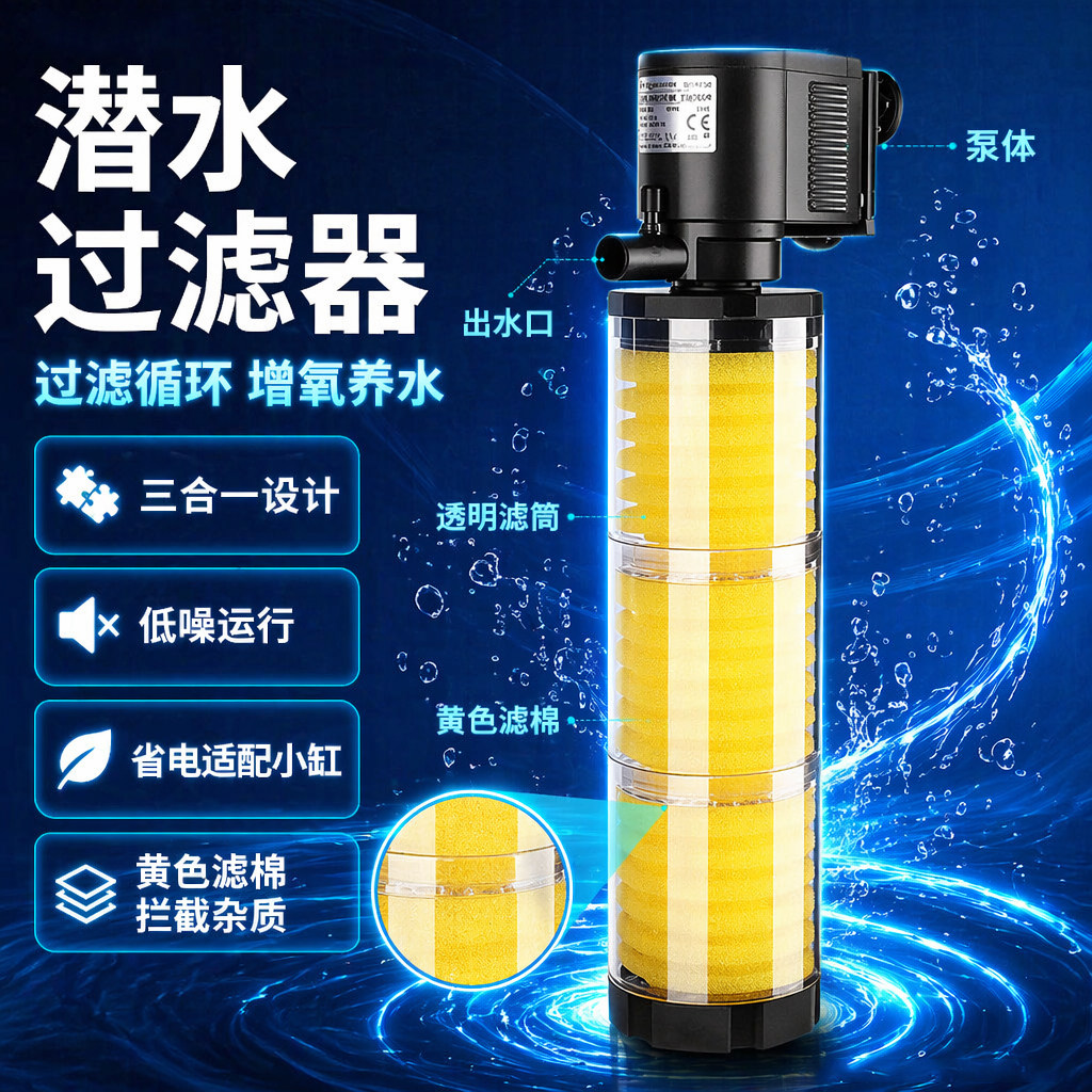闽江多功能三合一透明过滤器静音款内置过滤筒增氧吸粪鱼缸抽水泵