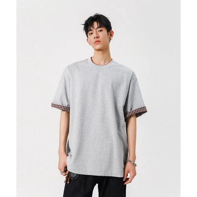 重磅纯棉格子翻边设计短袖T恤