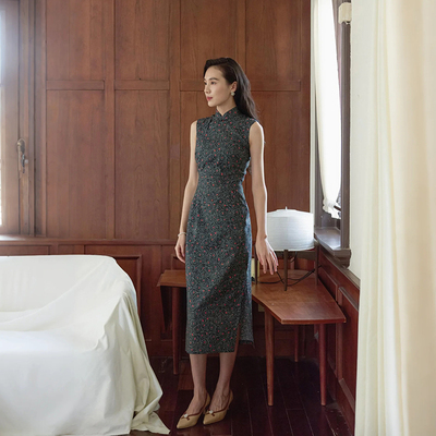 茉茉春夏新 无袖有省侧拉链复古改良日常通勤港式苎麻旗袍 夜玫瑰