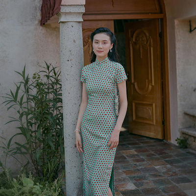 茉茉春夏新 短袖连袖有省半开襟中长款复古日常棉绸港式旗袍 圆舞