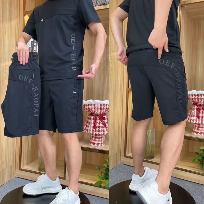 男士夏季冰丝套装运动休闲七分裤薄款帅气男装百搭运动时尚潮牌
