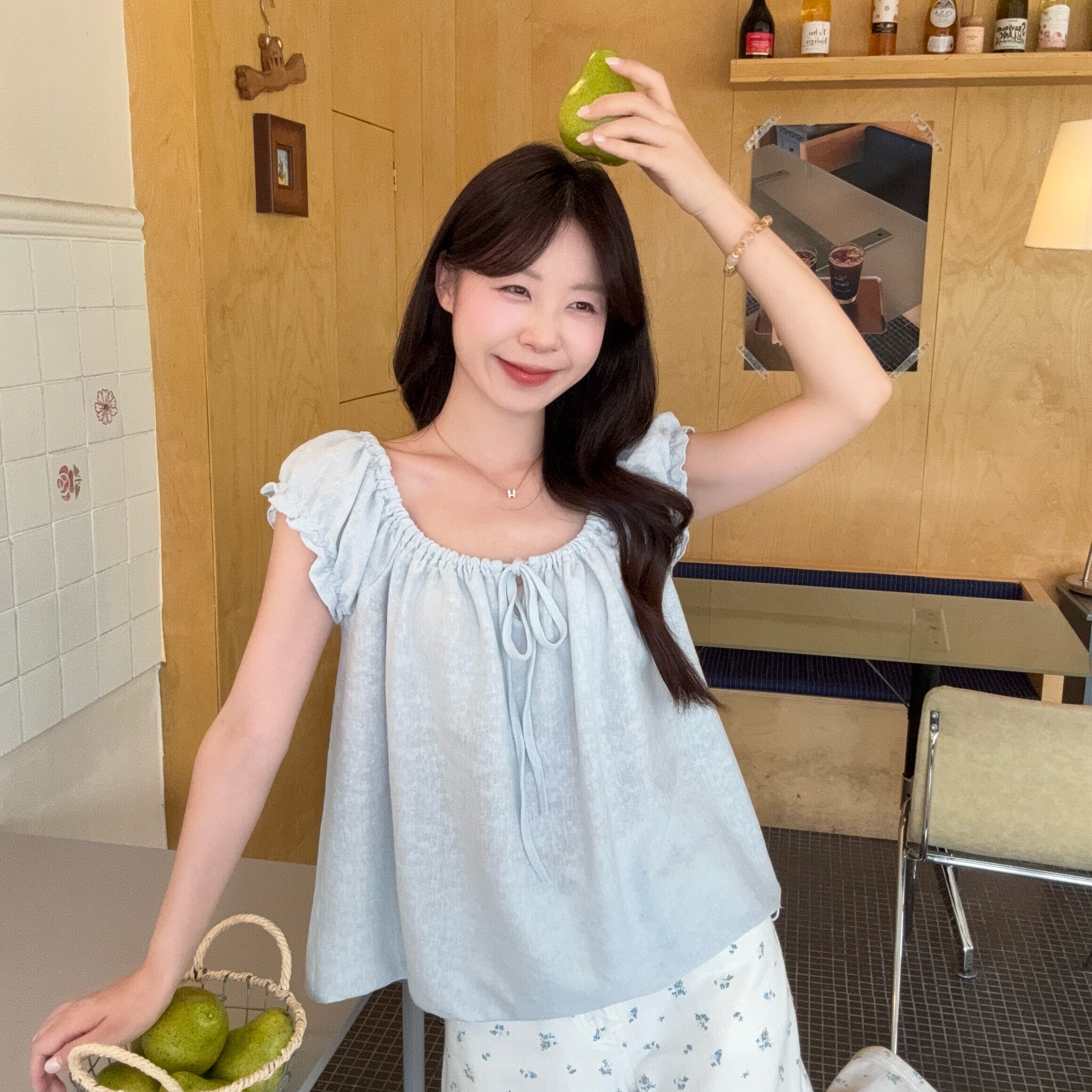 大码女装胖妹妹夏季T恤松紧方领系带泡泡袖上衣 多色亲肤微透短袖