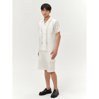 YOWSAH 法式蕾丝刺绣拼接古巴领短袖衬衫男女同款 amoroso系列