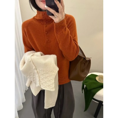 L107826 100%羊毛欧货半高领时尚钩花气质百搭全羊毛宽松毛衣