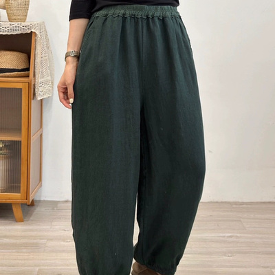 亚麻百搭拼色九分哈伦裤休闲裤女