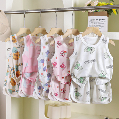 儿童背心套装夏季薄款男童冰丝无袖运动服短裤男速干衣女宝宝网眼