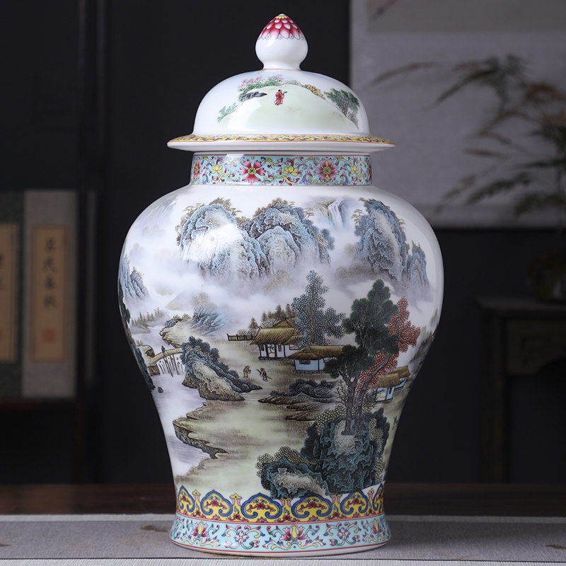 景德镇陶瓷器储物罐山水将军罐新中式家居玄关酒柜客厅装饰品摆件