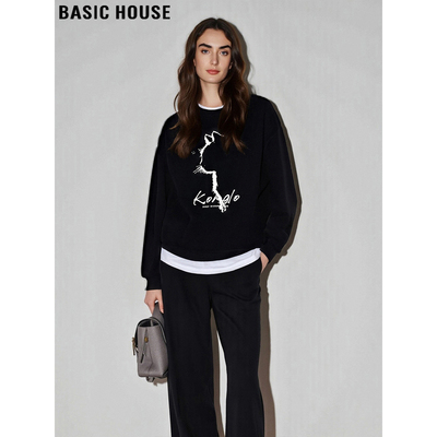 百家好假两件印花圆领无帽卫衣女