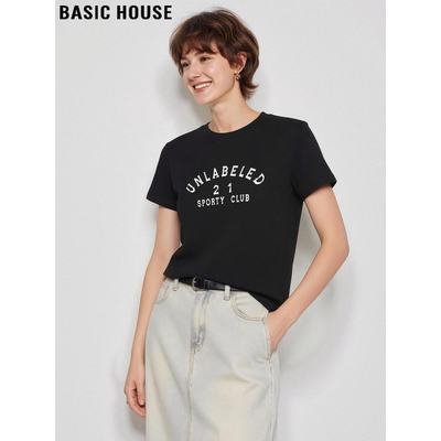 百家好黑色印花圆领正肩短袖T恤