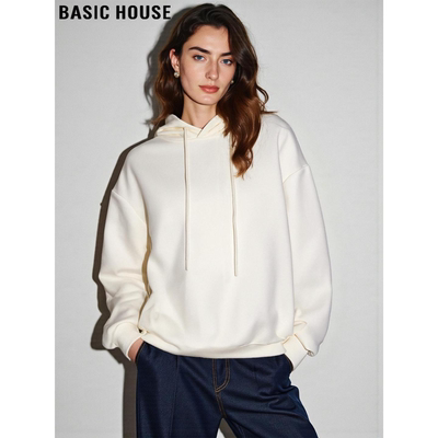 百家好慵懒风白色加厚连帽卫衣女