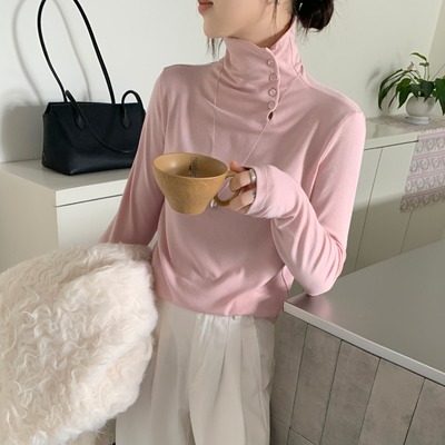 ins小众设计感纽扣堆堆领正肩内搭上官仪显白花粉色高领打底衫女